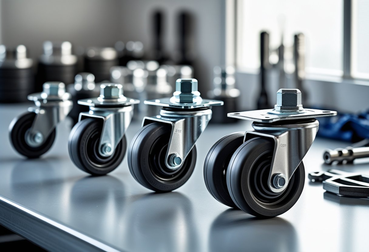 Close-up of various automotive casters displayed on a workbench with ...