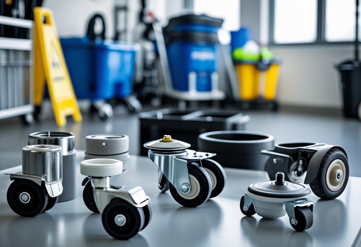 Close-up of various janitorial service casters displayed on a table ...