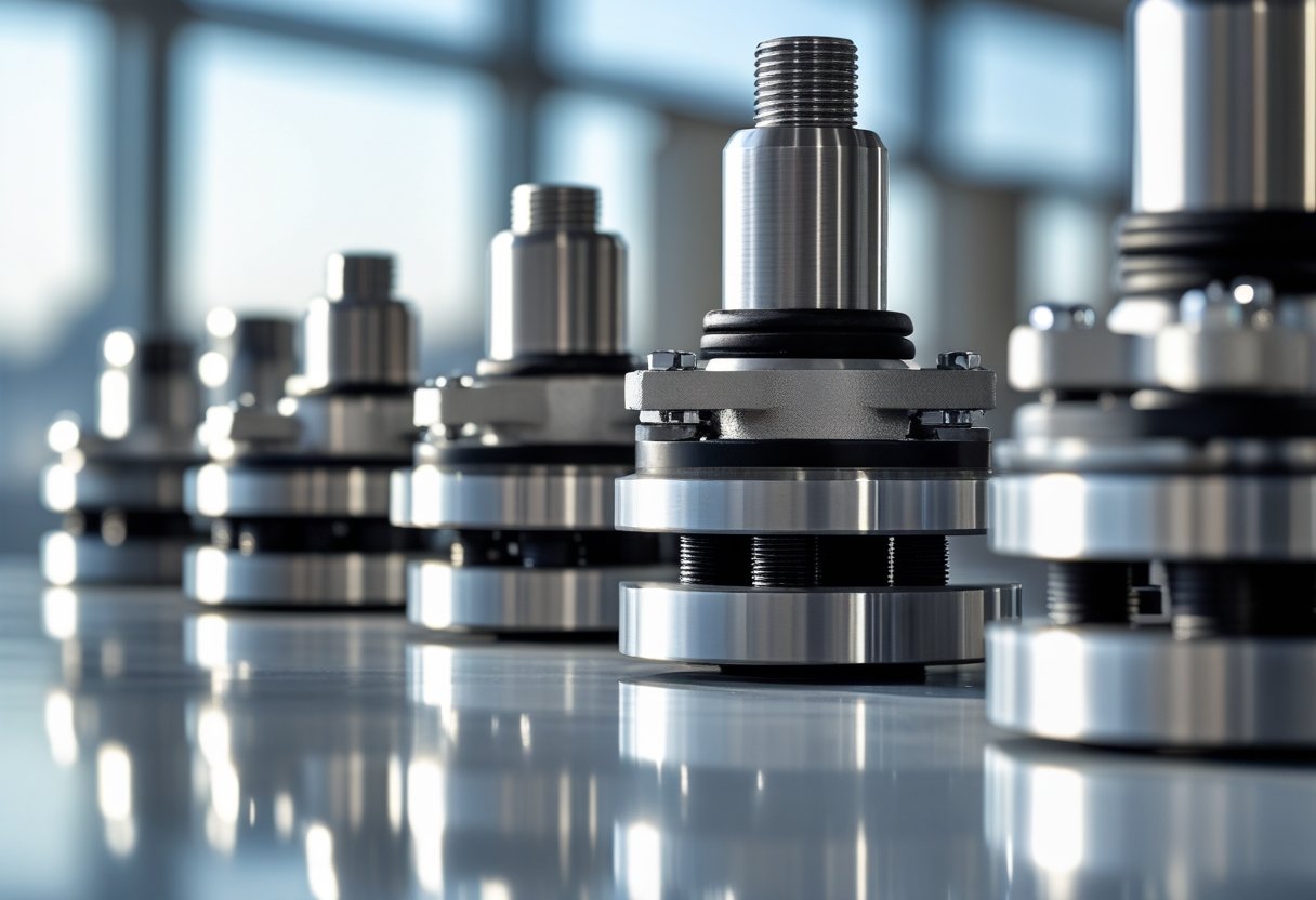 Close-up of several metal industrial leveling mounts with threaded ...