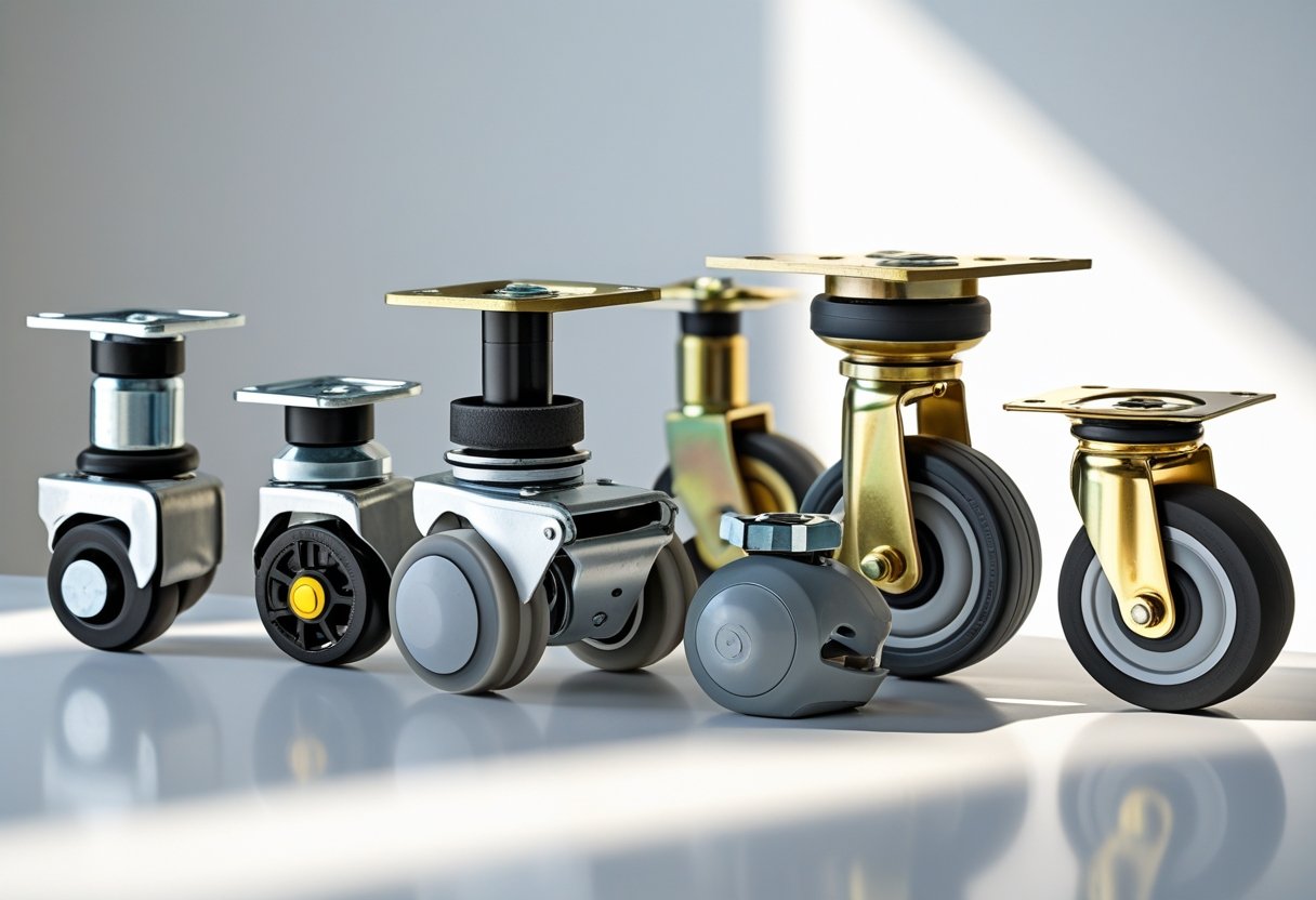 A variety of furniture casters arranged on a white surface showing ...