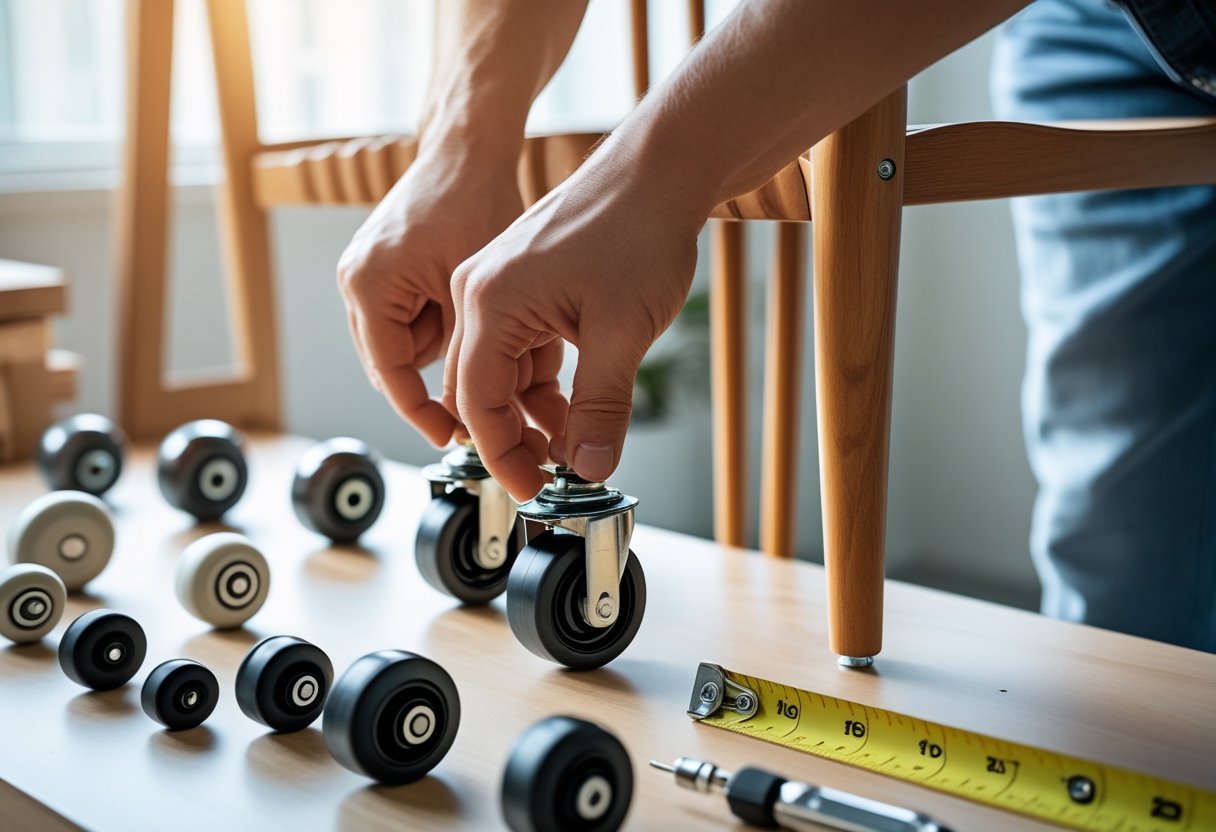 Close-up of hands installing caster wheels on a wooden chair leg with ...