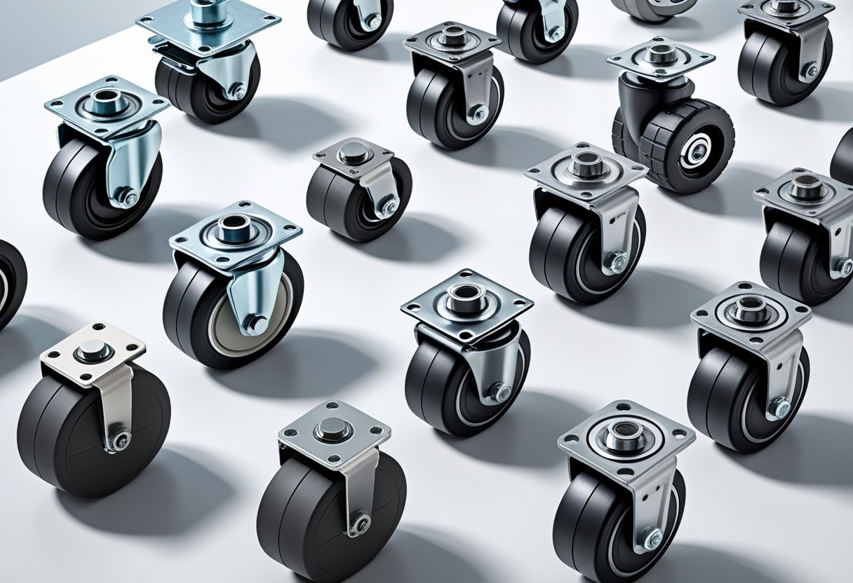 Various types of specialized caster wheels arranged on a white surface showing different designs ...