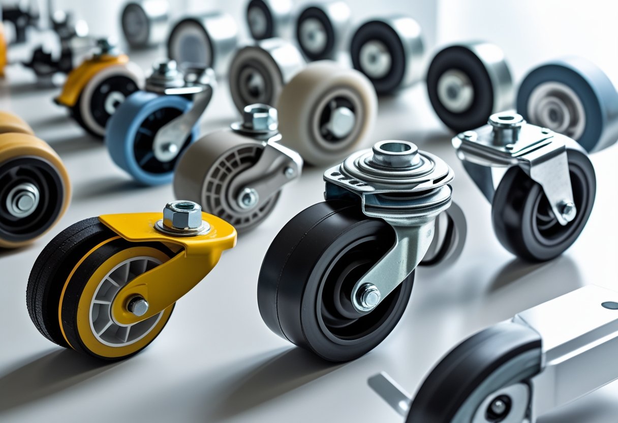 Close-up of different caster wheels made from rubber, polyurethane ...