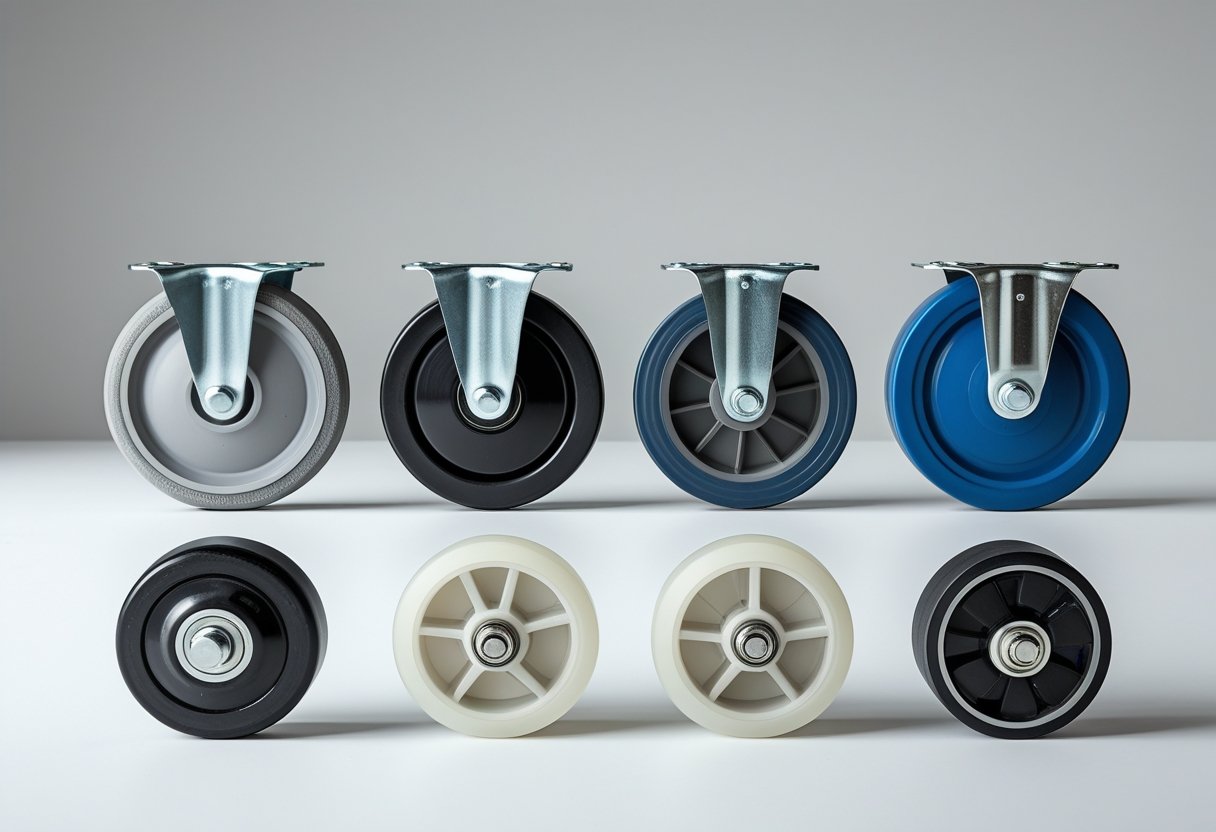 Close-up view of various caster wheels made from different materials ...