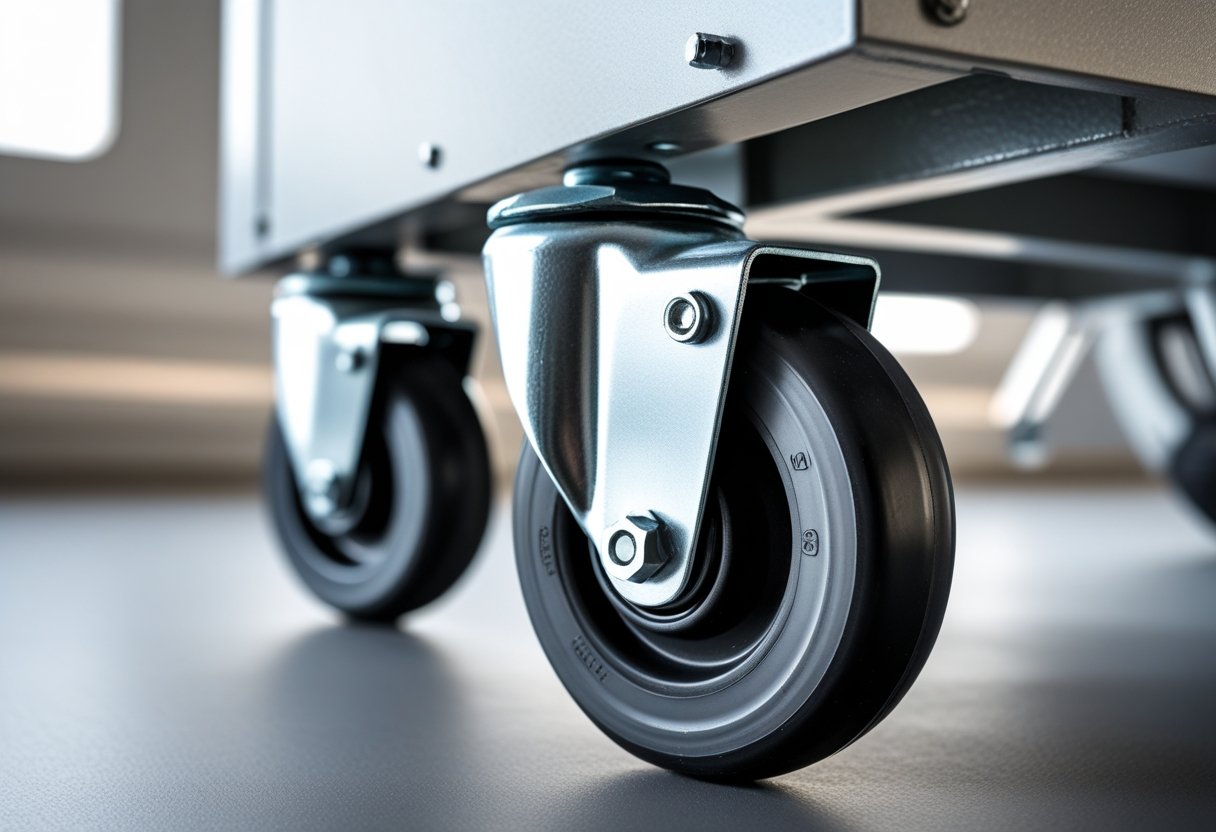 Close-up of swivel lock casters attached to the bottom of equipment ...